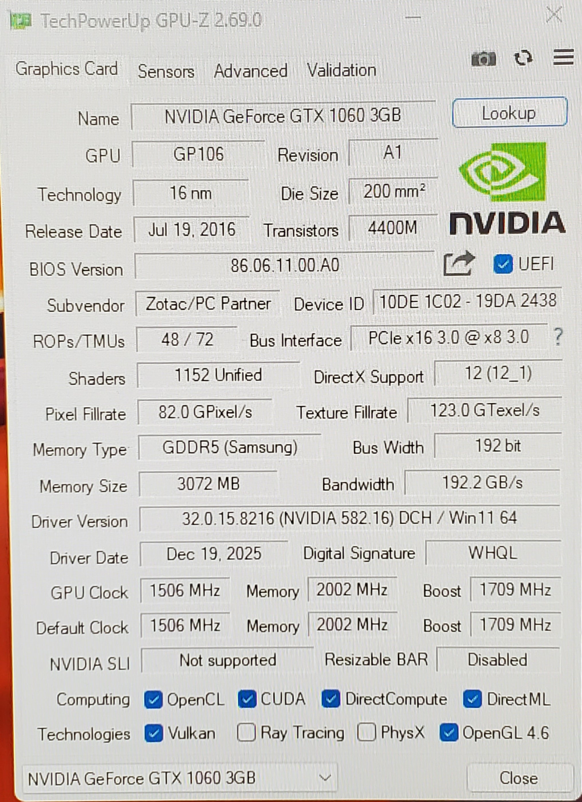 Zotac Nvidia GeForce GTX 1060 3GB GDDR5 Graphics Card — retail.era